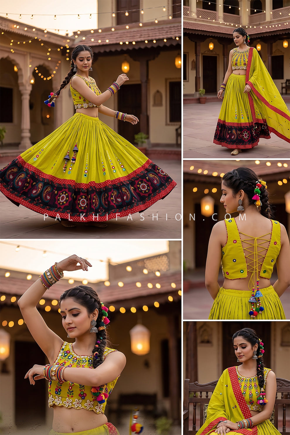 Lime Green Mirror Work Navratri Chaniya Choli | Gujarati Garba Outfit ...