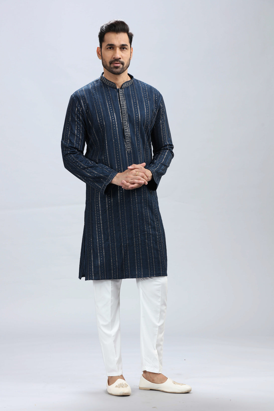 Navy Blue Kurta Pajama Set With Elegant Work – Palkhi Fashion