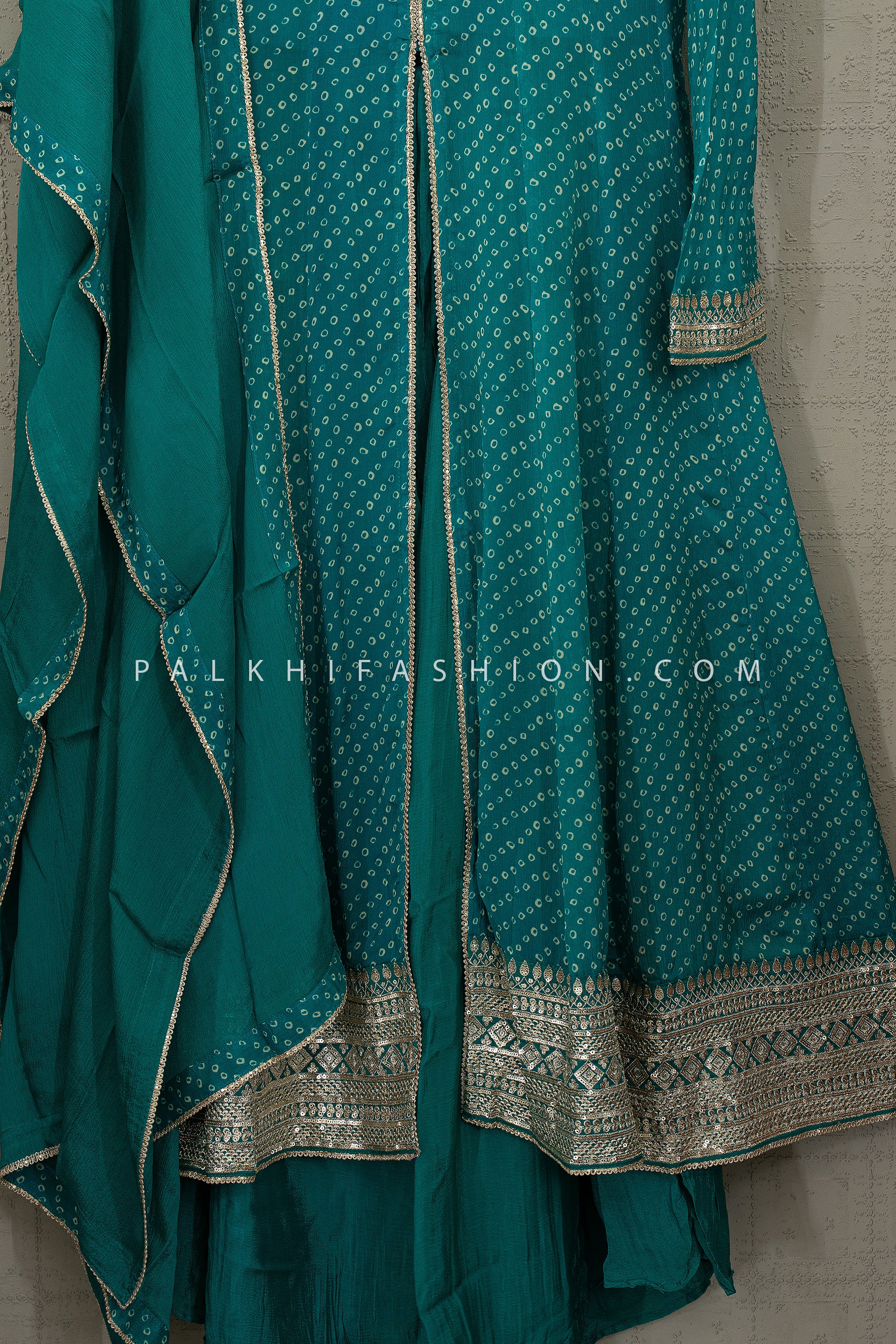 Teal Bandhani Anarkali Palazzo Set with Zari Embroidery | Palkhi Fashion