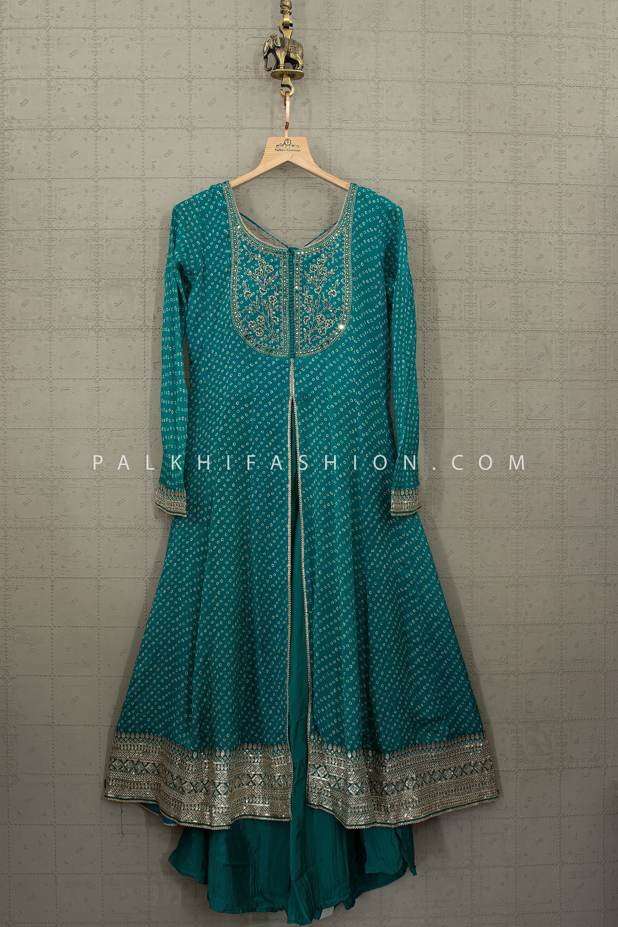 Teal Bandhani Anarkali Palazzo Set with Zari Embroidery | Palkhi Fashion