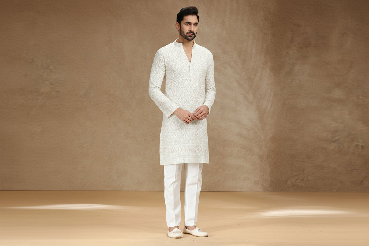 White Designer Men’s Kurta Pajama | Georgette | Palkhi Fashion