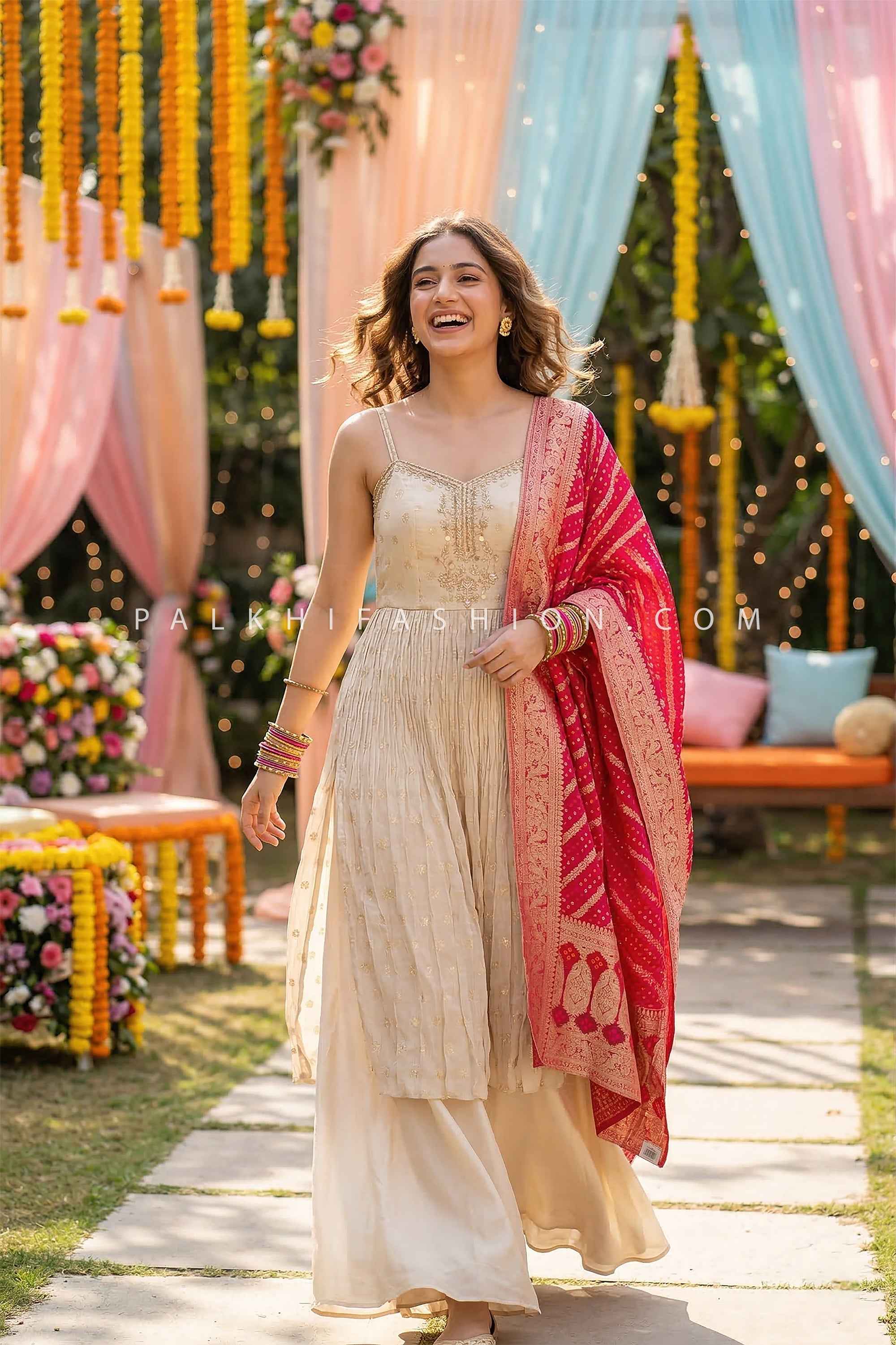 Champagne Naira Cut Palazzo Outfit with Banarasi Dupatta | Palkhi ...
