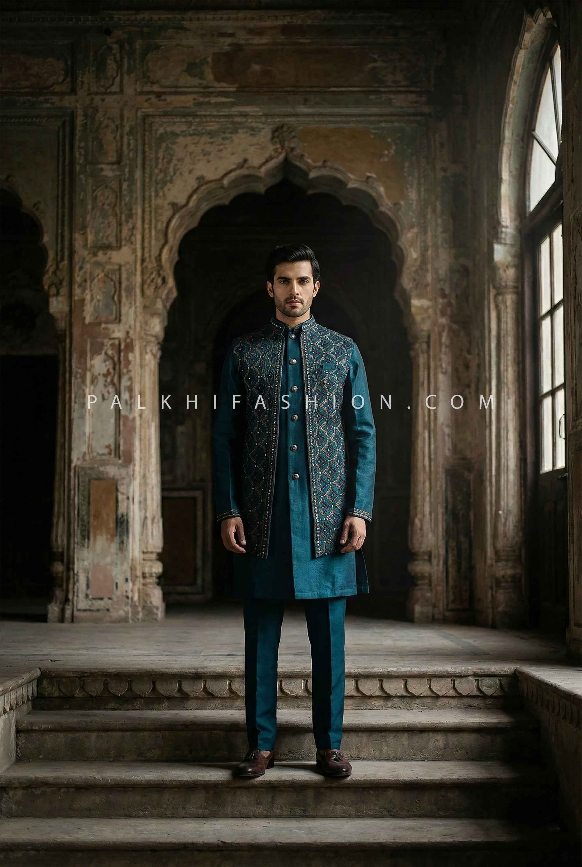 Dark Teal Indo Western Kurta Set – Palkhi Fashion, Houston