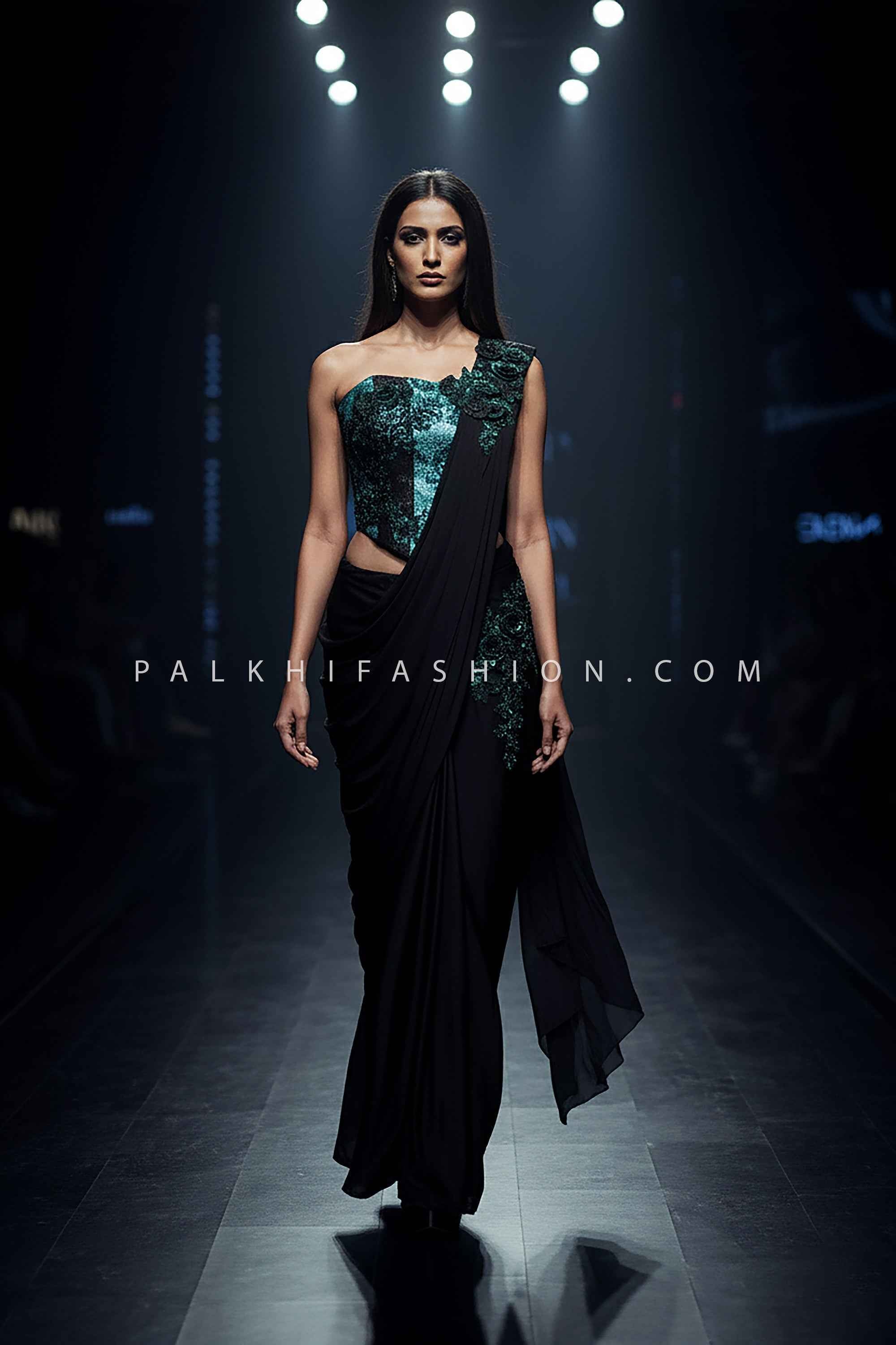 Black & Teal Sculpted Saree with Corset Blouse – Palkhi Fashion