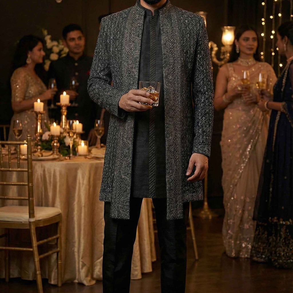 Designer Deep Grey Indo-Western with Tonal Work – Palkhi Fashion USA
