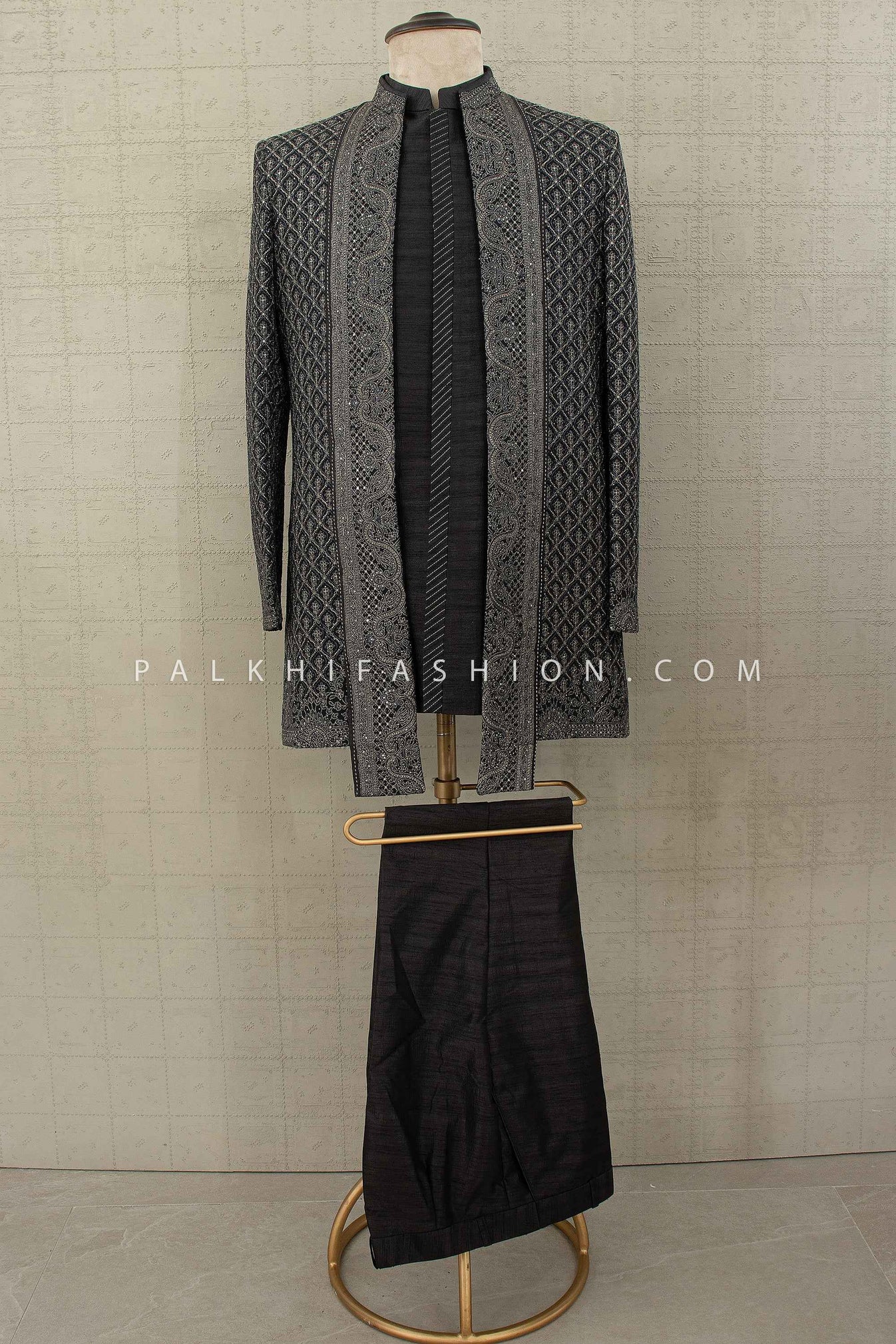 Designer Deep Grey Indo-Western with Tonal Work – Palkhi Fashion USA