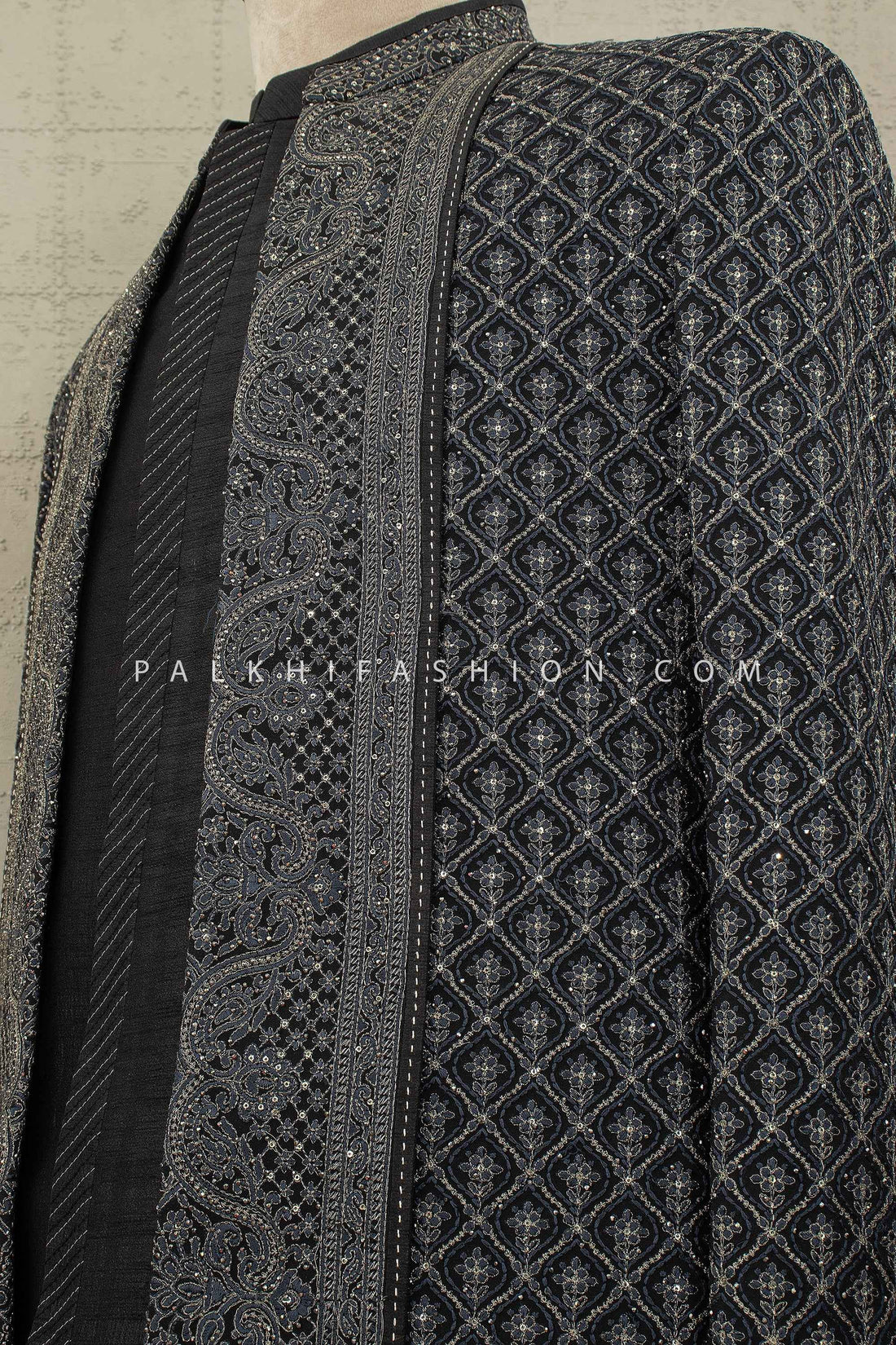 Designer Deep Grey Indo-Western with Tonal Work – Palkhi Fashion USA