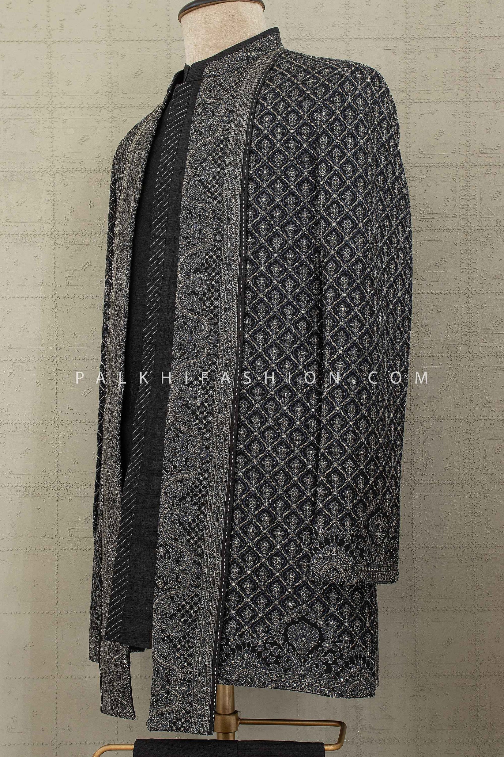 Designer Deep Grey Indo-Western with Tonal Work – Palkhi Fashion USA