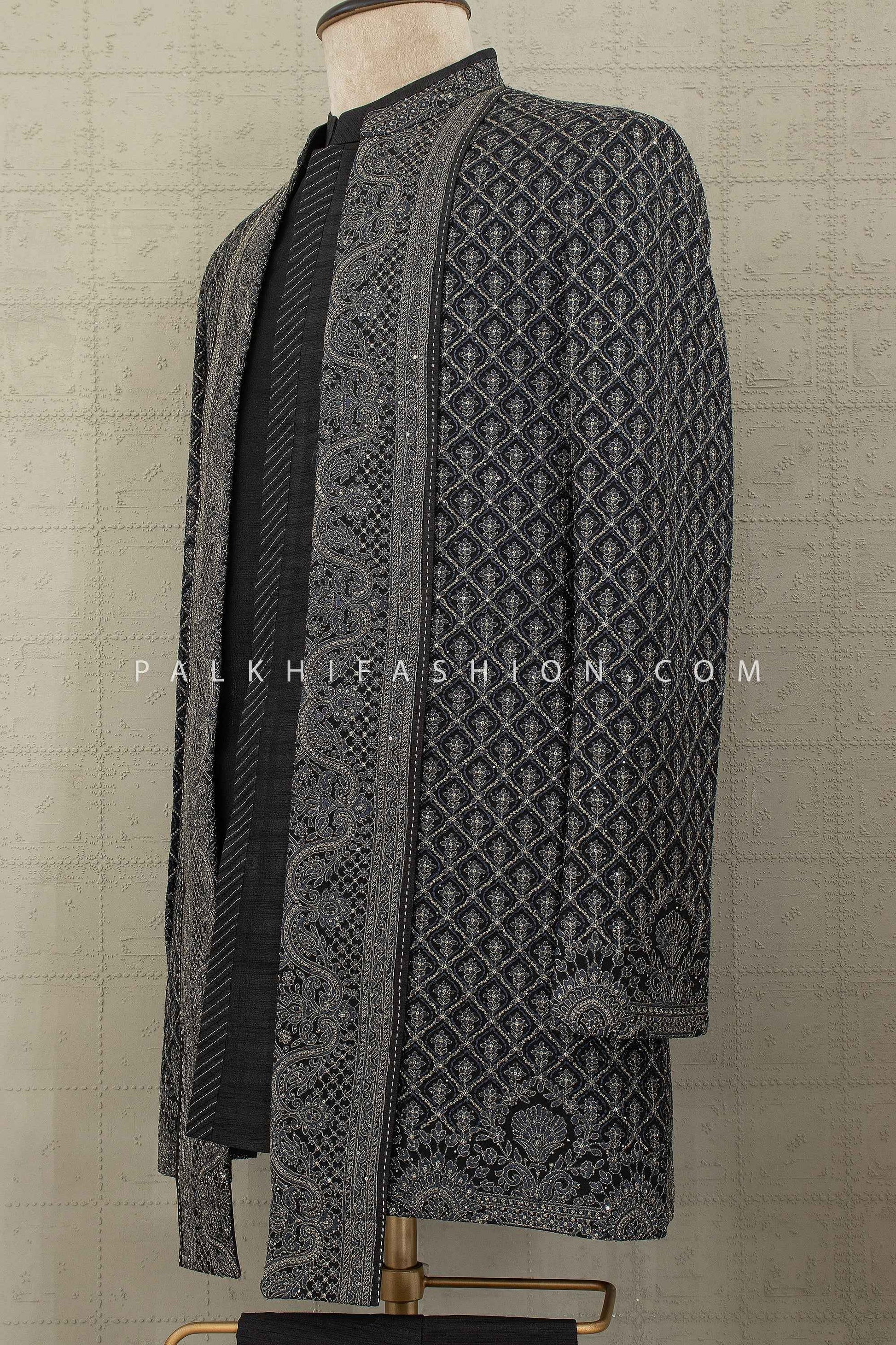Designer Deep Grey Indo-Western with Tonal Work – Palkhi Fashion USA