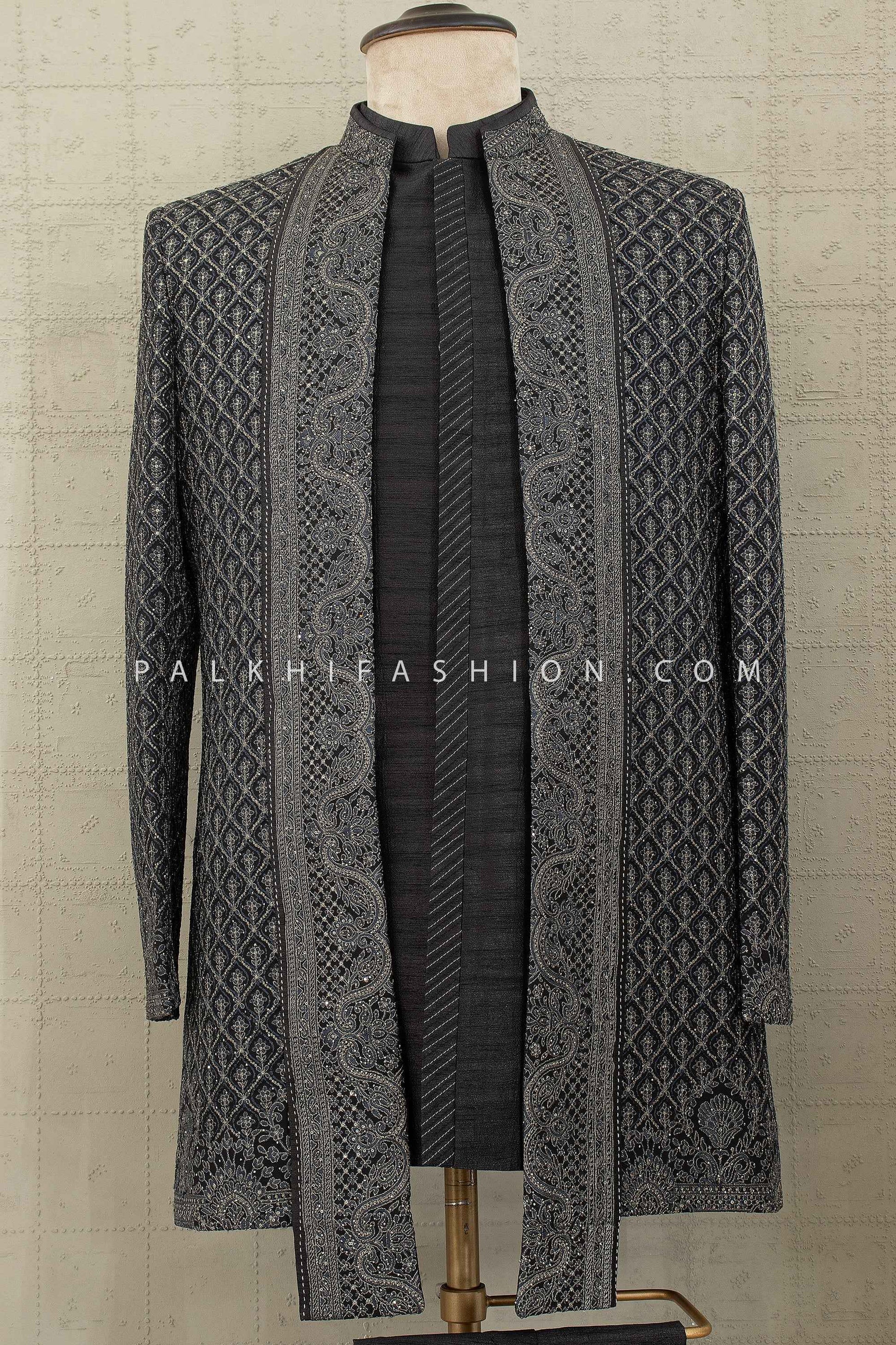 Designer Deep Grey Indo-Western with Tonal Work – Palkhi Fashion USA