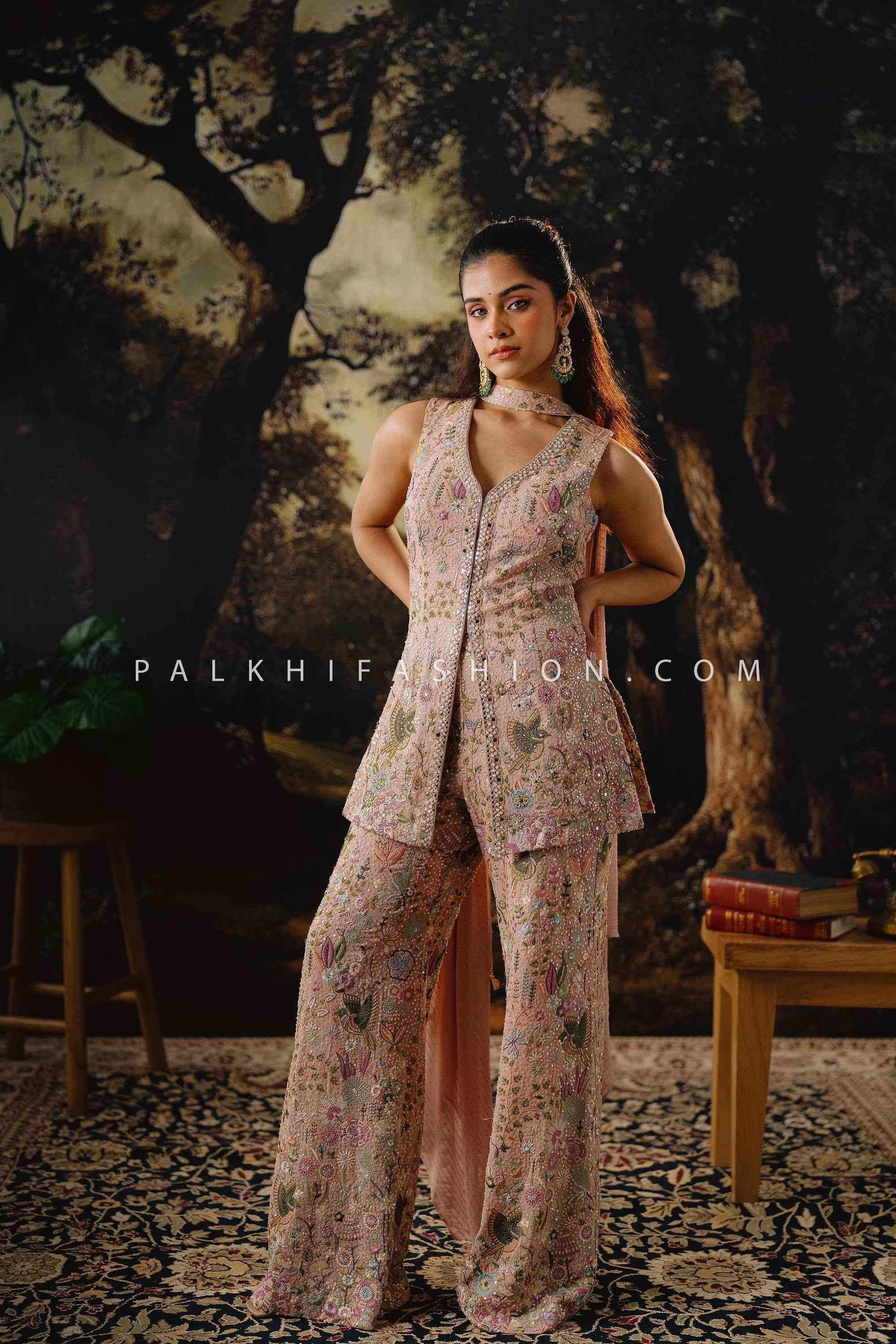 Rose Gold Designer Palazzo Suit with Attractive Embroidery – Palkhi Fashion