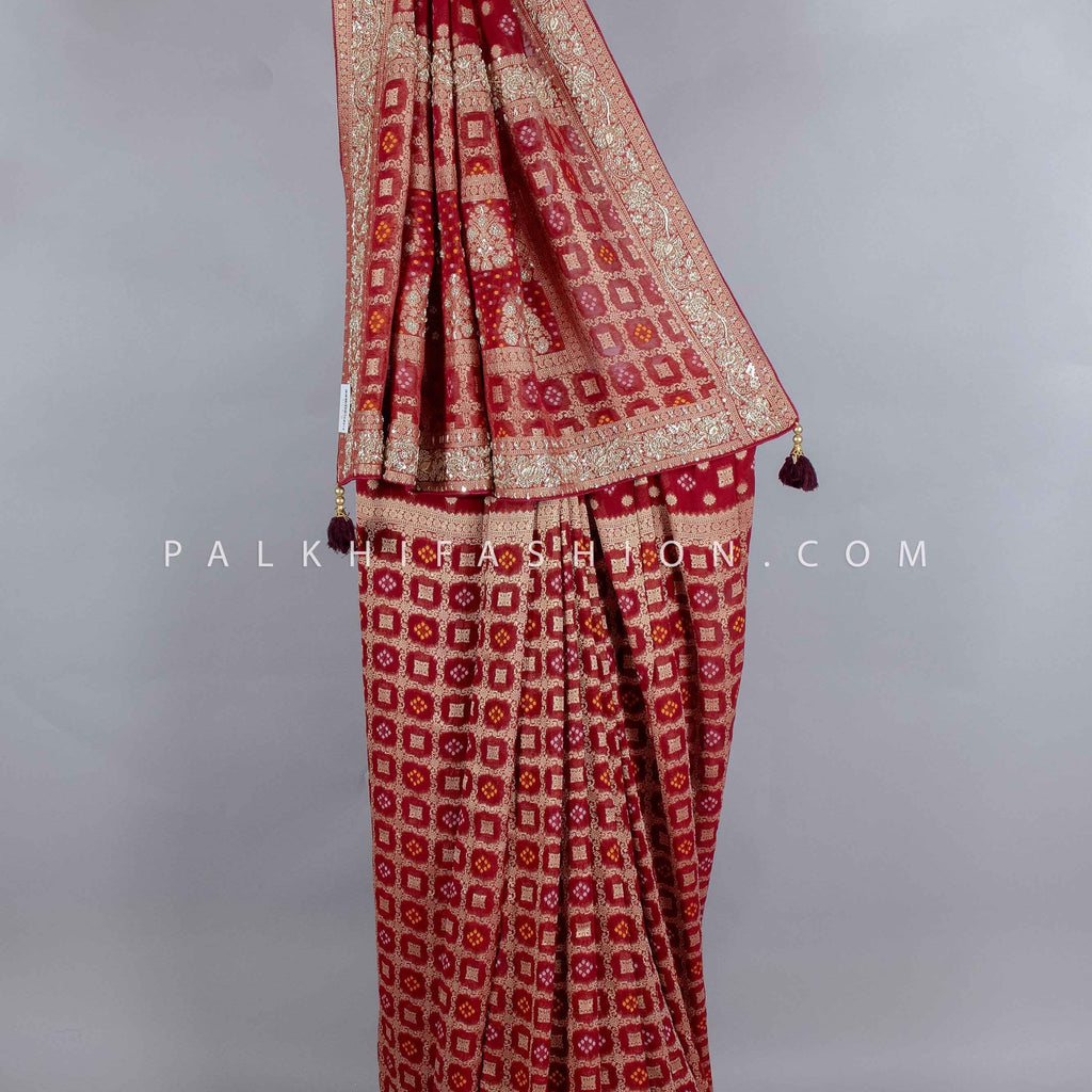 Maroon Banarasi Georgette Saree with Cutdana & Handwork | Palkhi Fashion